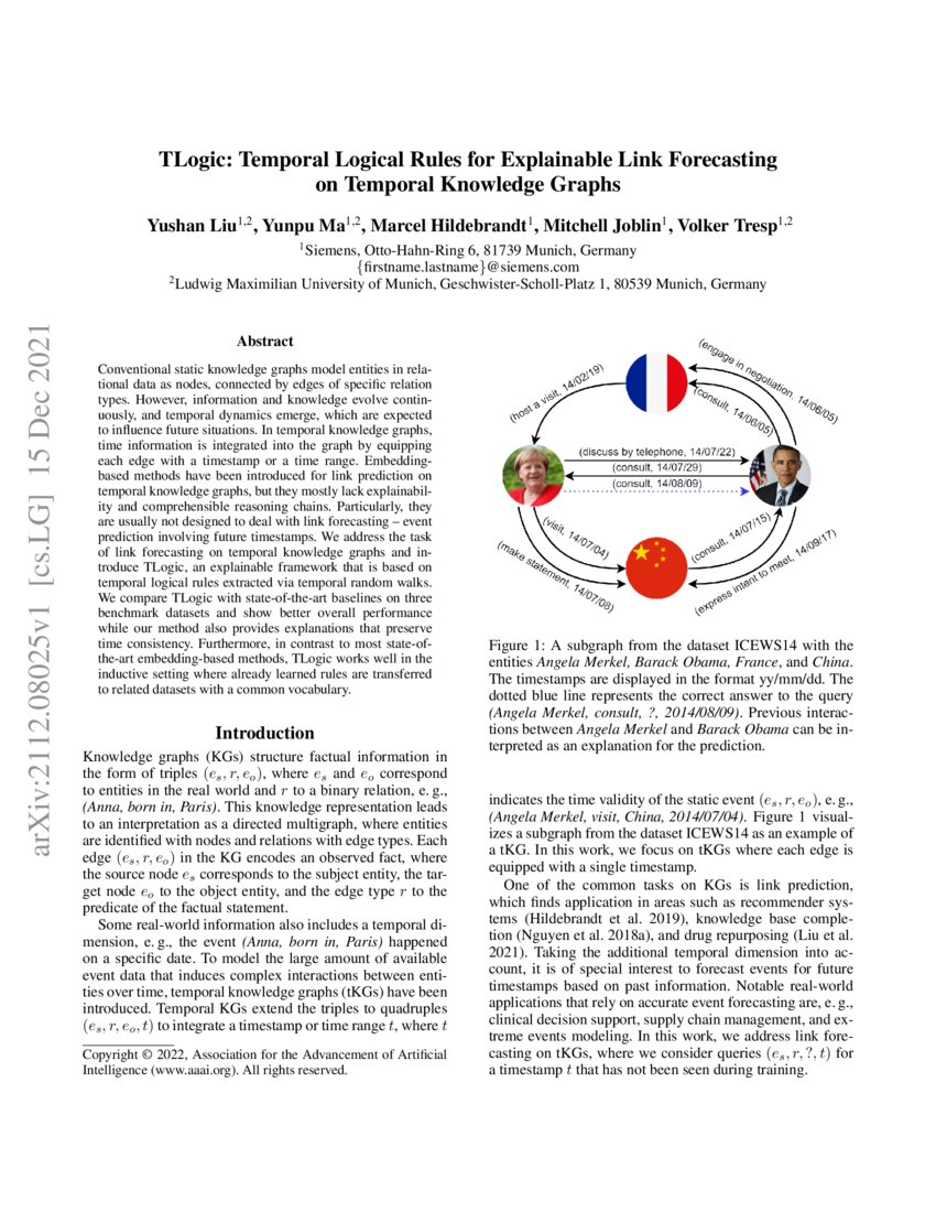 Tlogic Temporal Logical Rules For Explainable Link Forecasting On Temporal Knowledge Graphs 