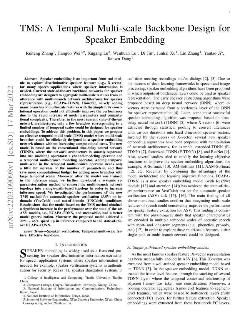 TMS: A Temporal Multi-scale Backbone Design for Speaker Embedding | DeepAI