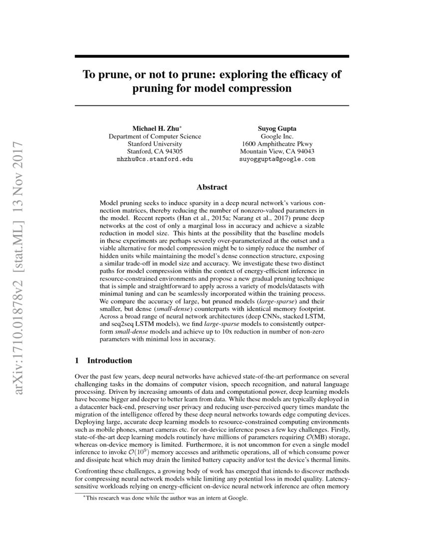 To Prune Or Not To Prune Exploring The Efficacy Of Pruning For Model