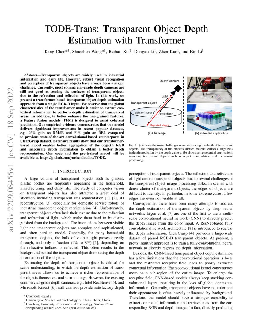 TODE-Trans: Transparent Object Depth Estimation with Transformer | DeepAI