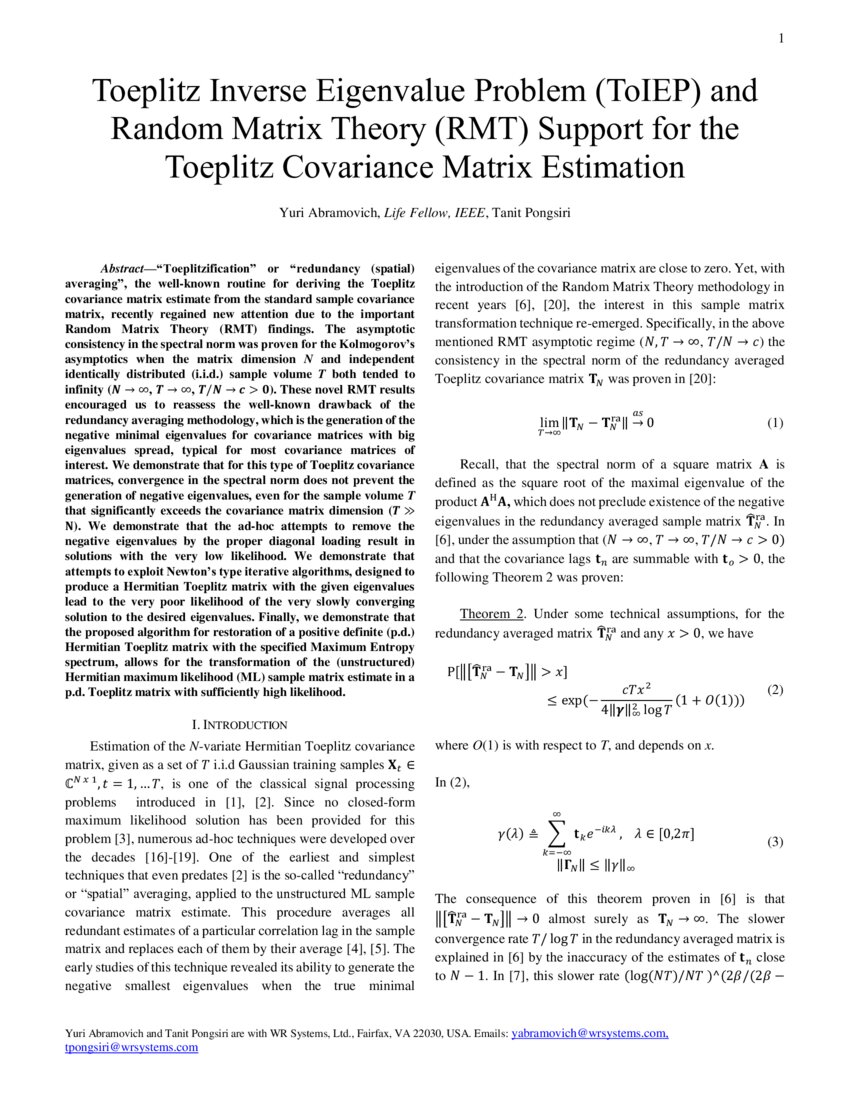 Toeplitz Inverse Eigenvalue Problem Toiep And Random Matrix Theory Rmt Support For The