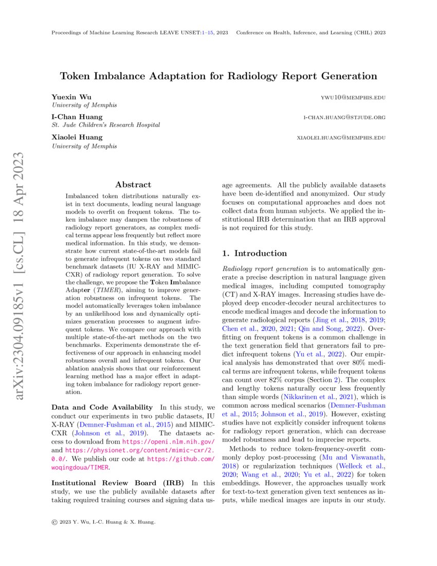 Token Imbalance Adaptation For Radiology Report Generation Deepai 