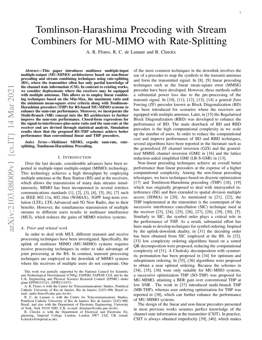 Tomlinson Harashima Precoding With Stream Combiners For Mu Mimo With 4072