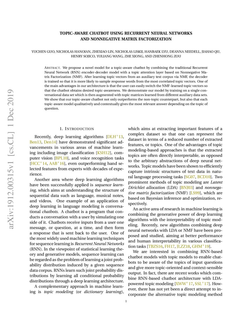 Topic Aware Chatbot Using Recurrent Neural Networks And Nonnegative Matrix Factorization Deepai 9997