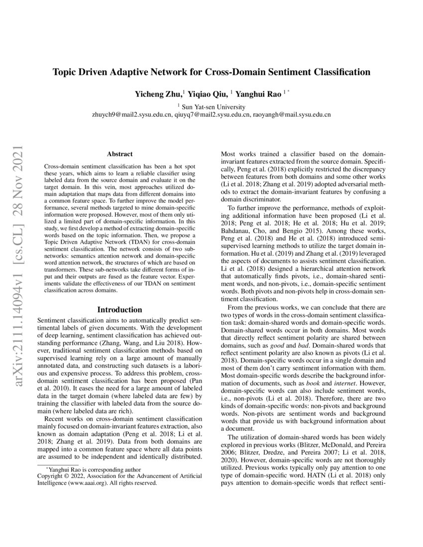 Topic Driven Adaptive Network For Cross Domain Sentiment Classification