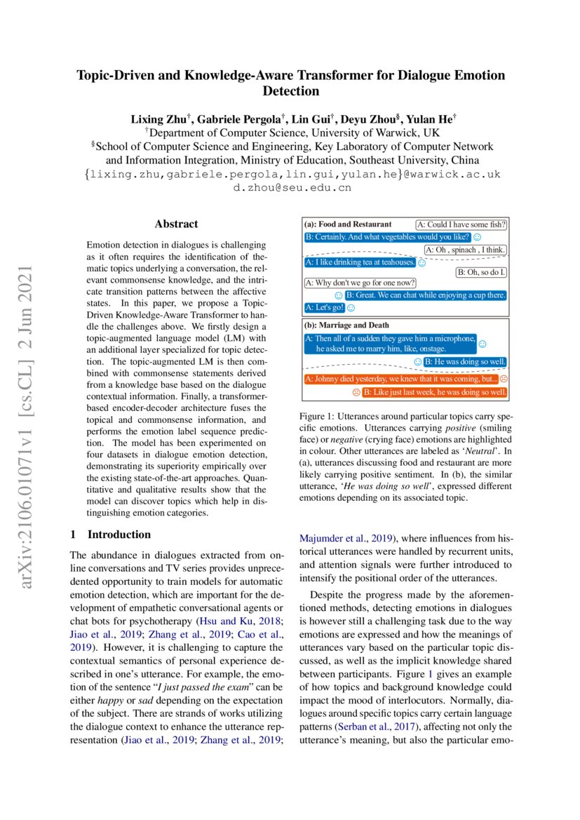 Topic Driven And Knowledge Aware Transformer For Dialogue Emotion Detection Deepai