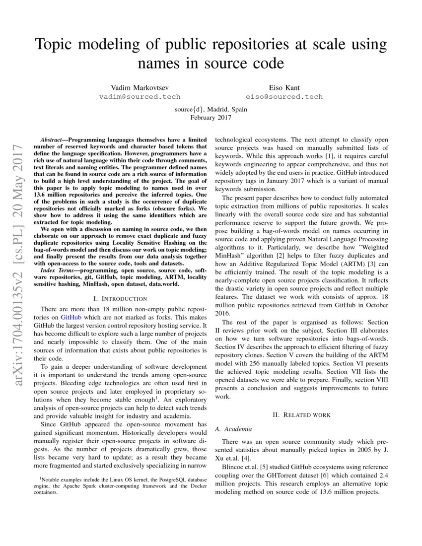 Topic Modeling Of Public Repositories At Scale Using Names In Source Code Deepai