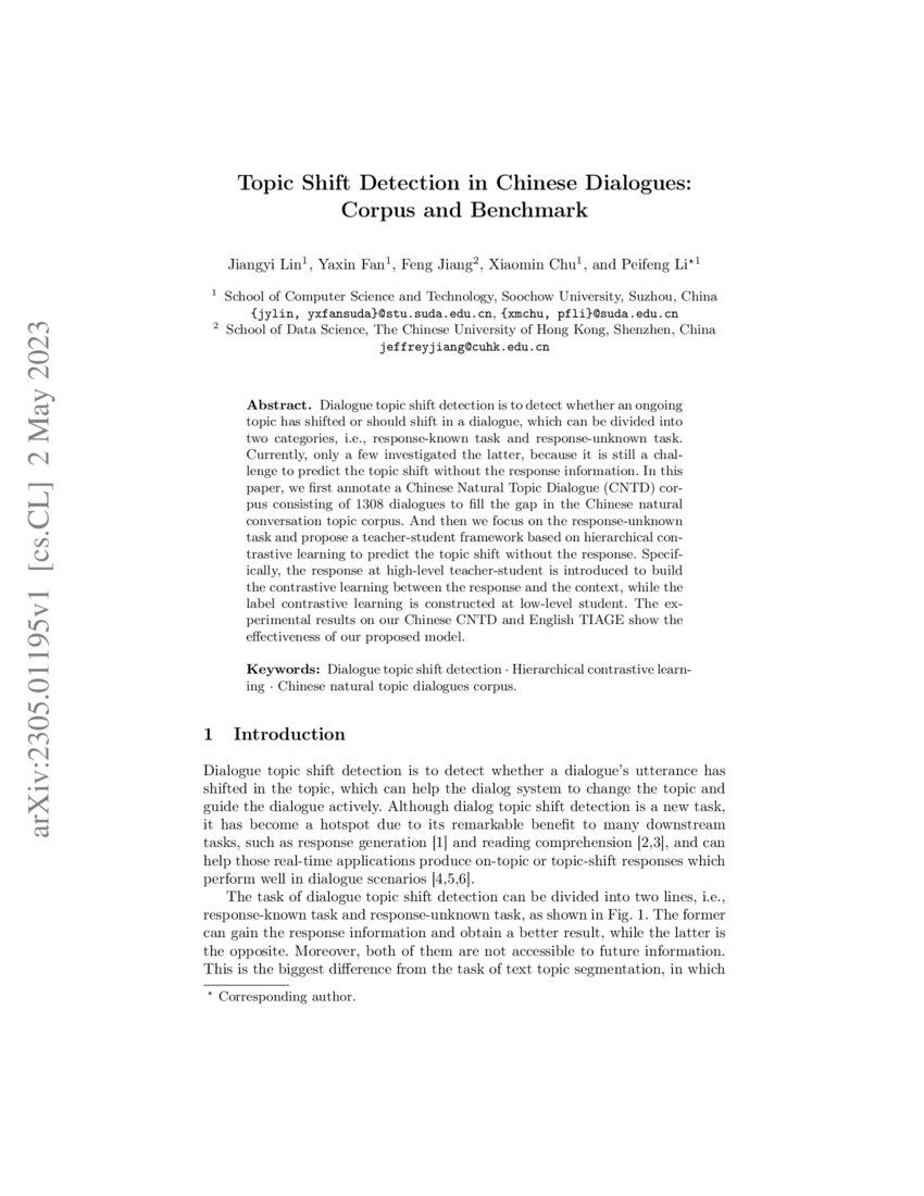Topic Shift Detection in Chinese Dialogues: Corpus and Benchmark | DeepAI Topic Shift Detection in Chinese Dialogues: Corpus and Benchmark | DeepAI