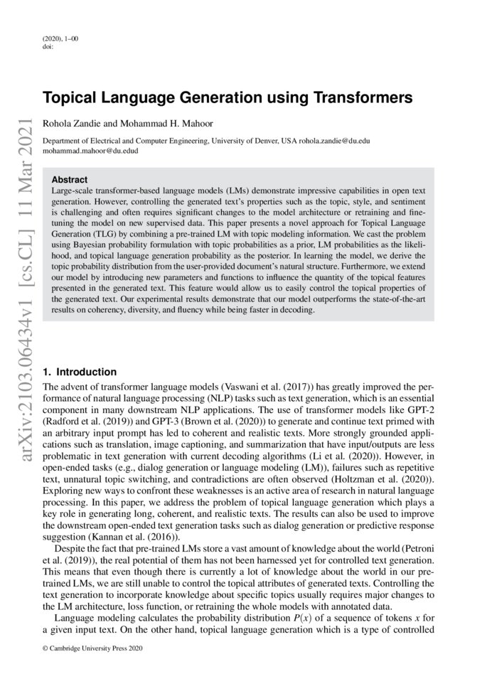 Topical Language Generation using Transformers | DeepAI