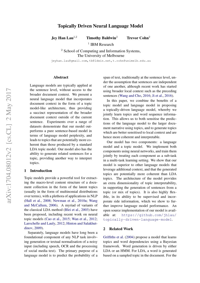 Topically Driven Neural Language Model | DeepAI