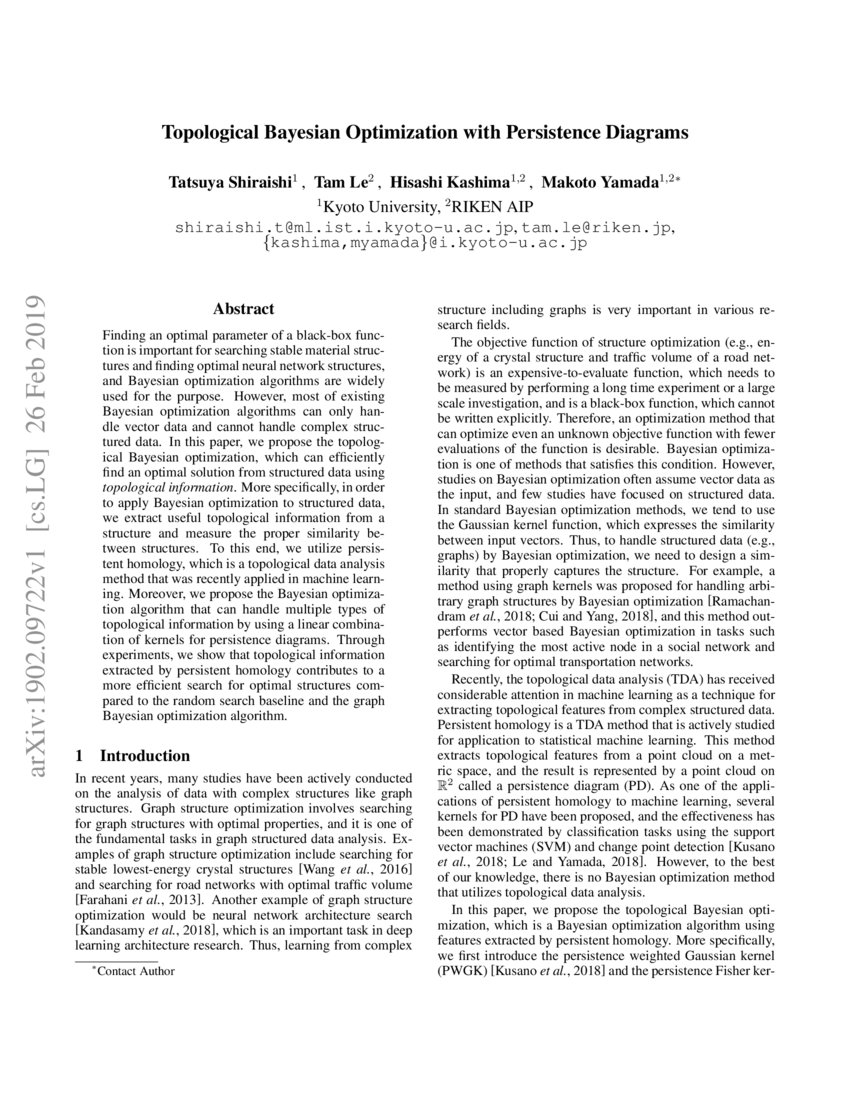 Topological Bayesian Optimization With Persistence Diagrams Deepai
