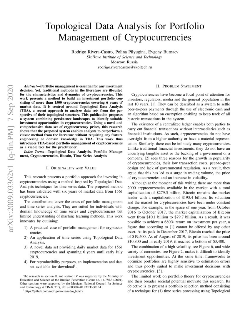 Topological Data Analysis for Portfolio Management of Cryptocurrencies | DeepAI