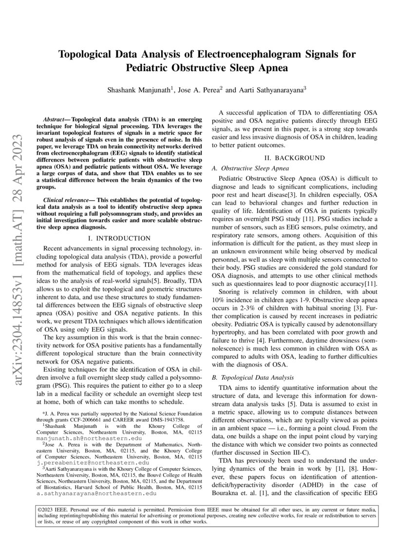 Topological Data Analysis Of Electroencephalogram Signals For Pediatric Obstructive Sleep Apnea