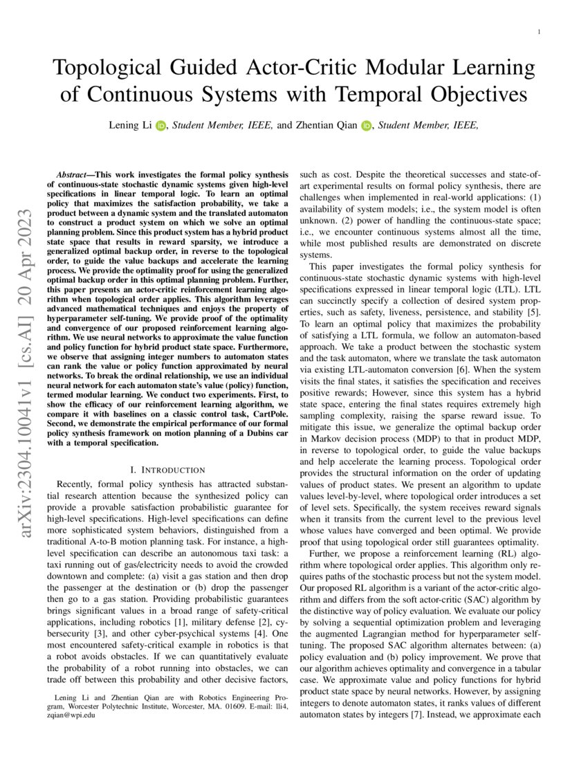 Topological Guided Actor Critic Modular Learning Of Continuous Systems With Temporal Objectives
