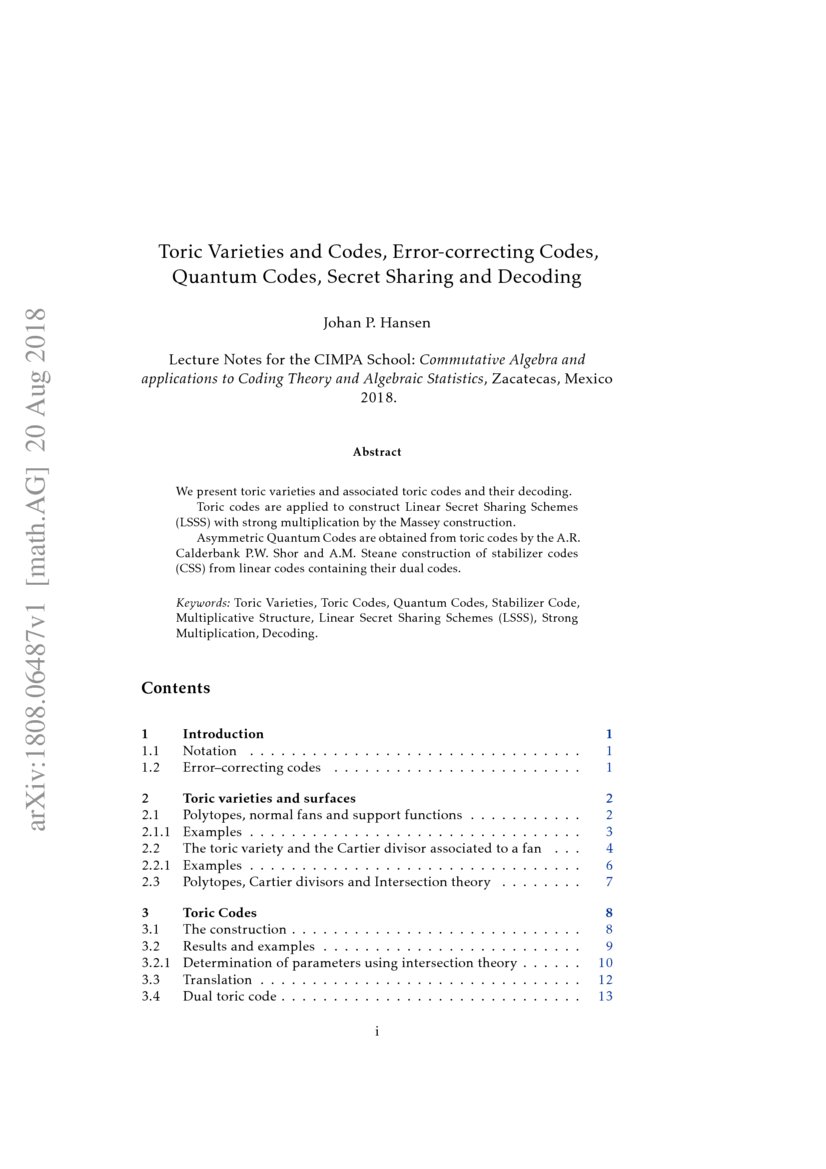 Toric Varieties And Codes Error Correcting Codes Quantum Codes Secret Sharing And Decoding