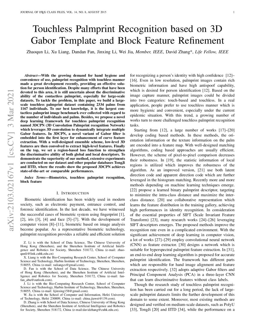 Touchless Palmprint Recognition Based On 3d Gabor Template And Block Feature Refinement Deepai