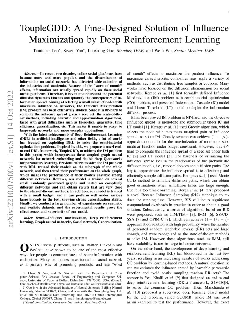 Touplegdd A Fine Designed Solution Of Influence Maximization By Deep Reinforcement Learning