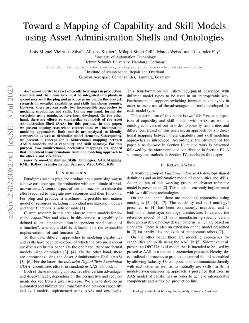 Toward a Mapping of Capability and Skill Models using Asset Administration Shells and Ontologies ...