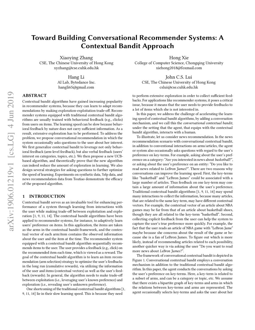 Toward Building Conversational Recommender Systems: A Contextual Bandit ... Toward Building Conversational Recommender Systems: A Contextual Bandit ...