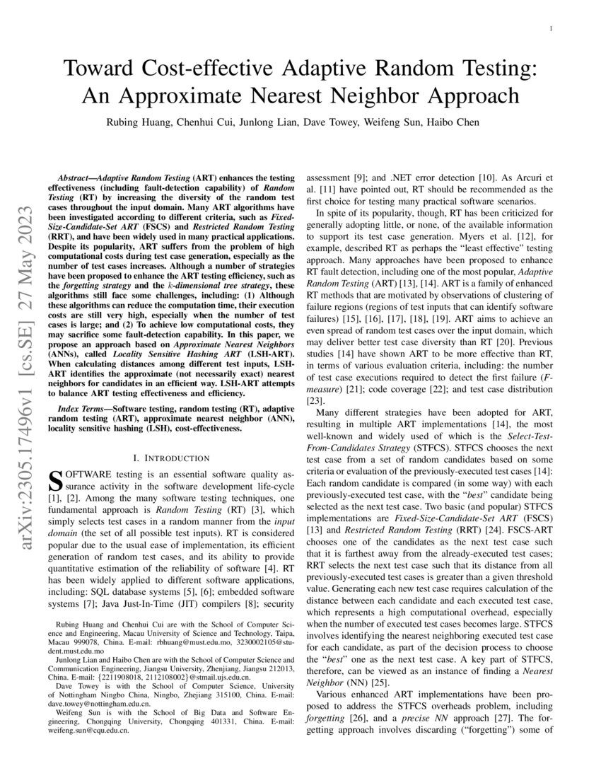 Toward Cost Effective Adaptive Random Testing An Approximate Nearest Neighbor Approach Deepai