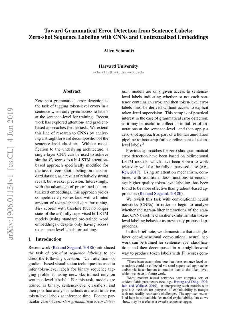 Toward Grammatical Error Detection From Sentence Labels Zero Shot Sequence Labeling With Cnns