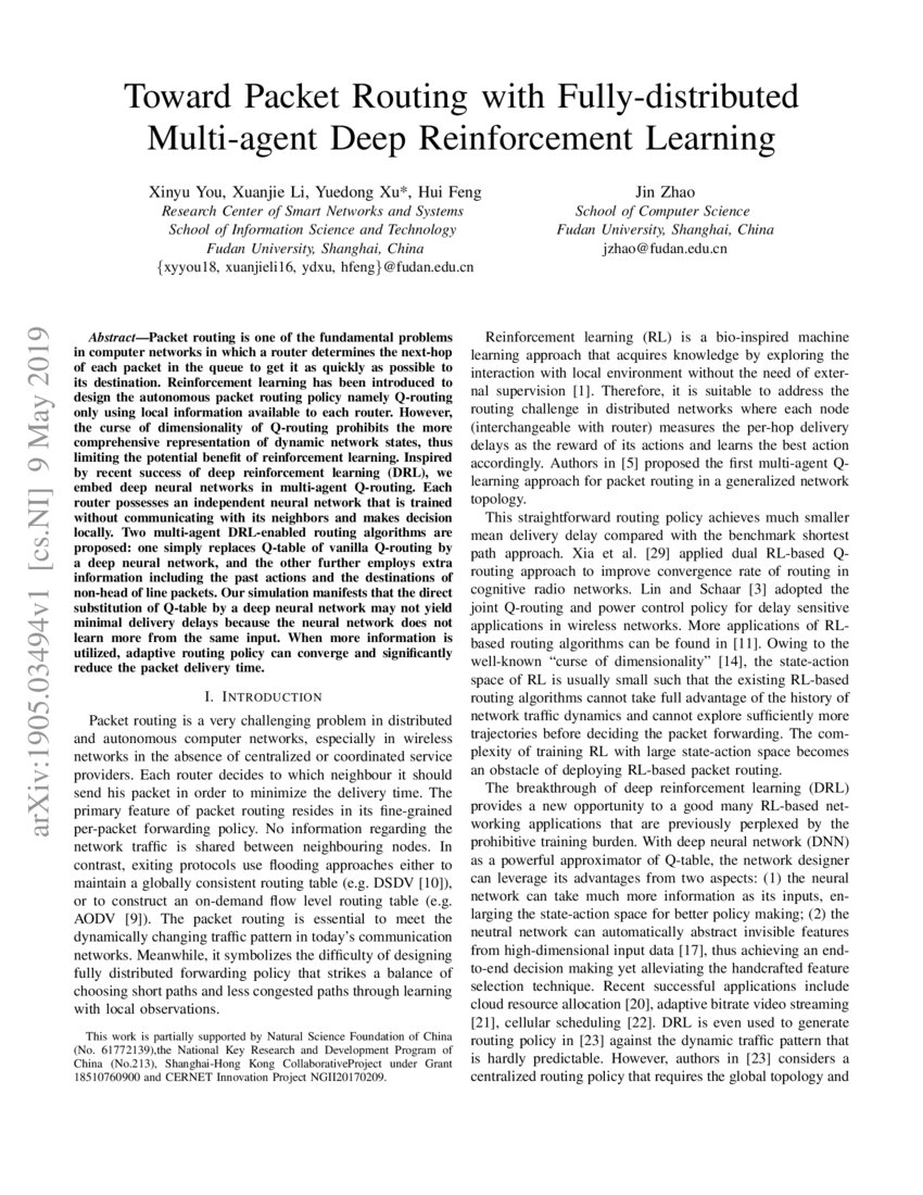 Toward Packet Routing with Fully-distributed Multi-agent Deep Reinforcement Learning | DeepAI