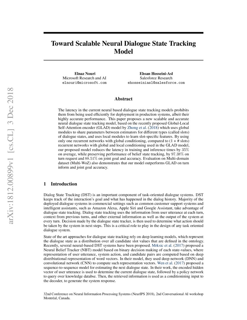 Toward Scalable Neural Dialogue State Tracking Model Deepai 
