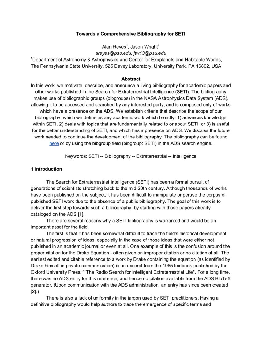 Towards a Comprehensive Bibliography for SETI | DeepAI