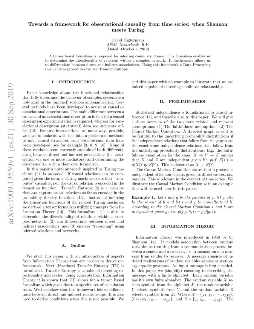 Towards A Framework For Observational Causality From Time Series When Shannon Meets Turing Deepai