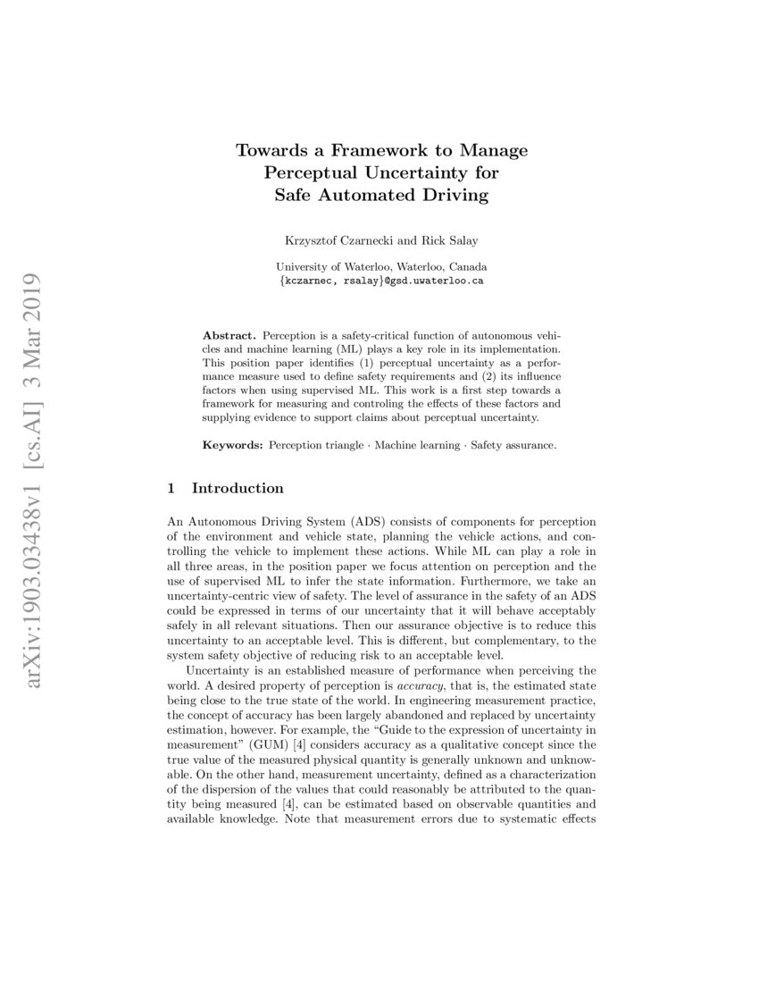 Towards a Framework to Manage Perceptual Uncertainty for Safe Automated Driving | DeepAI