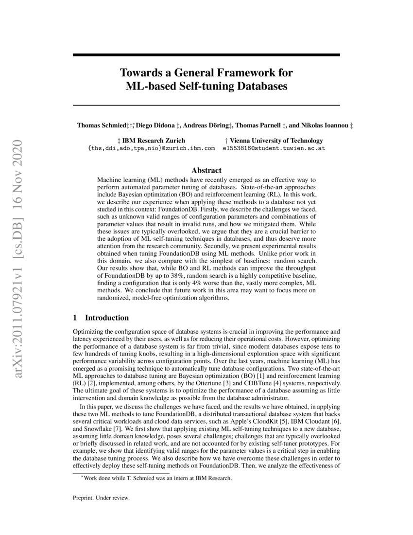 Towards a General Framework for ML-based Self-tuning Databases | DeepAI