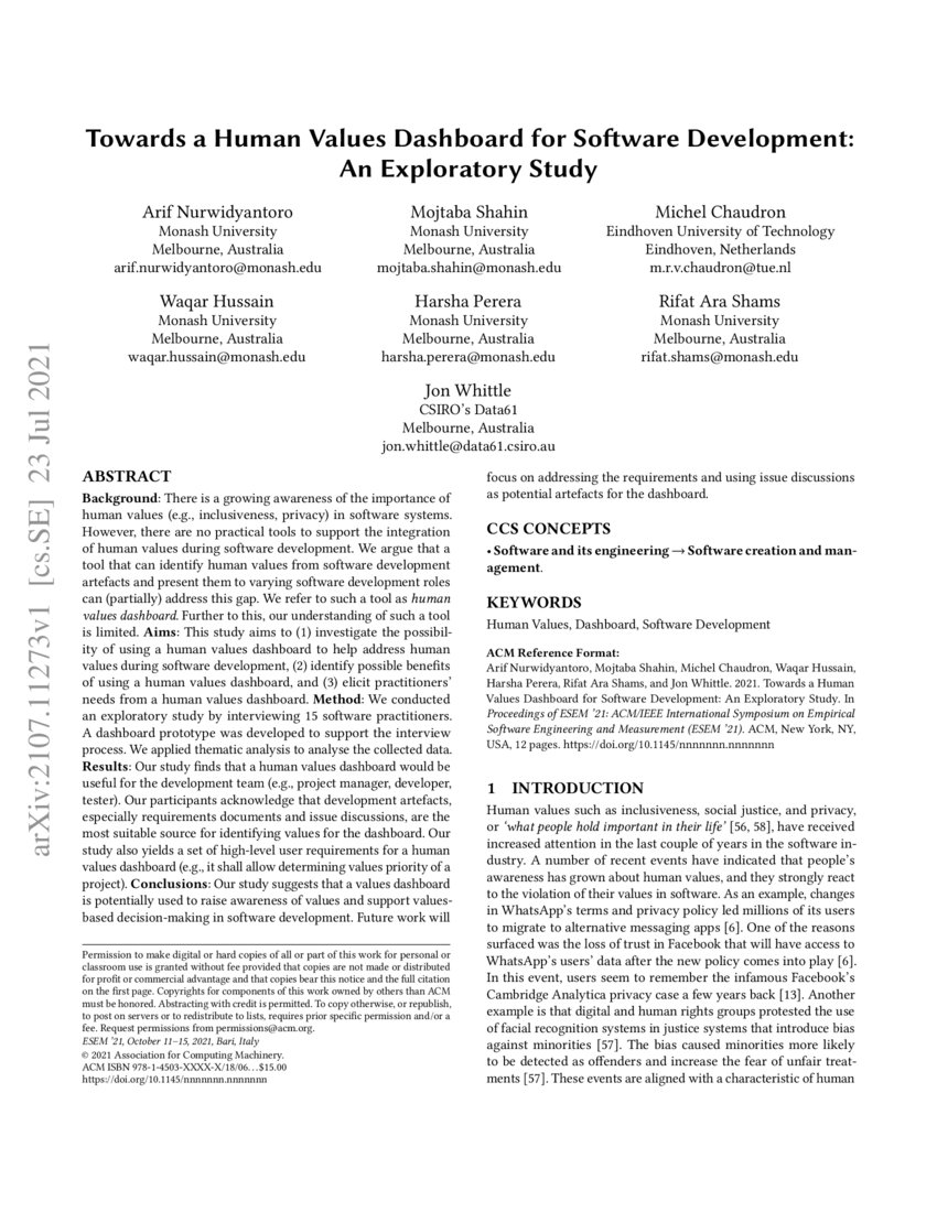 Towards a Human Values Dashboard for Software Development: An Exploratory Study | DeepAI