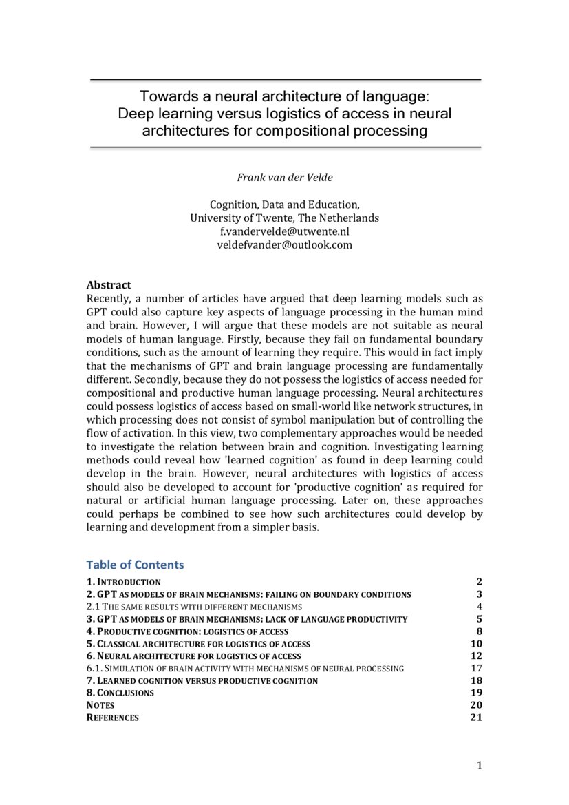 Towards A Neural Architecture Of Language Deep Learning Versus Logistics Of Access In Neural 