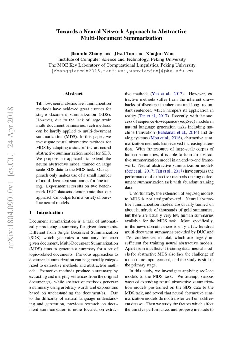 Towards A Neural Network Approach To Abstractive Multi Document