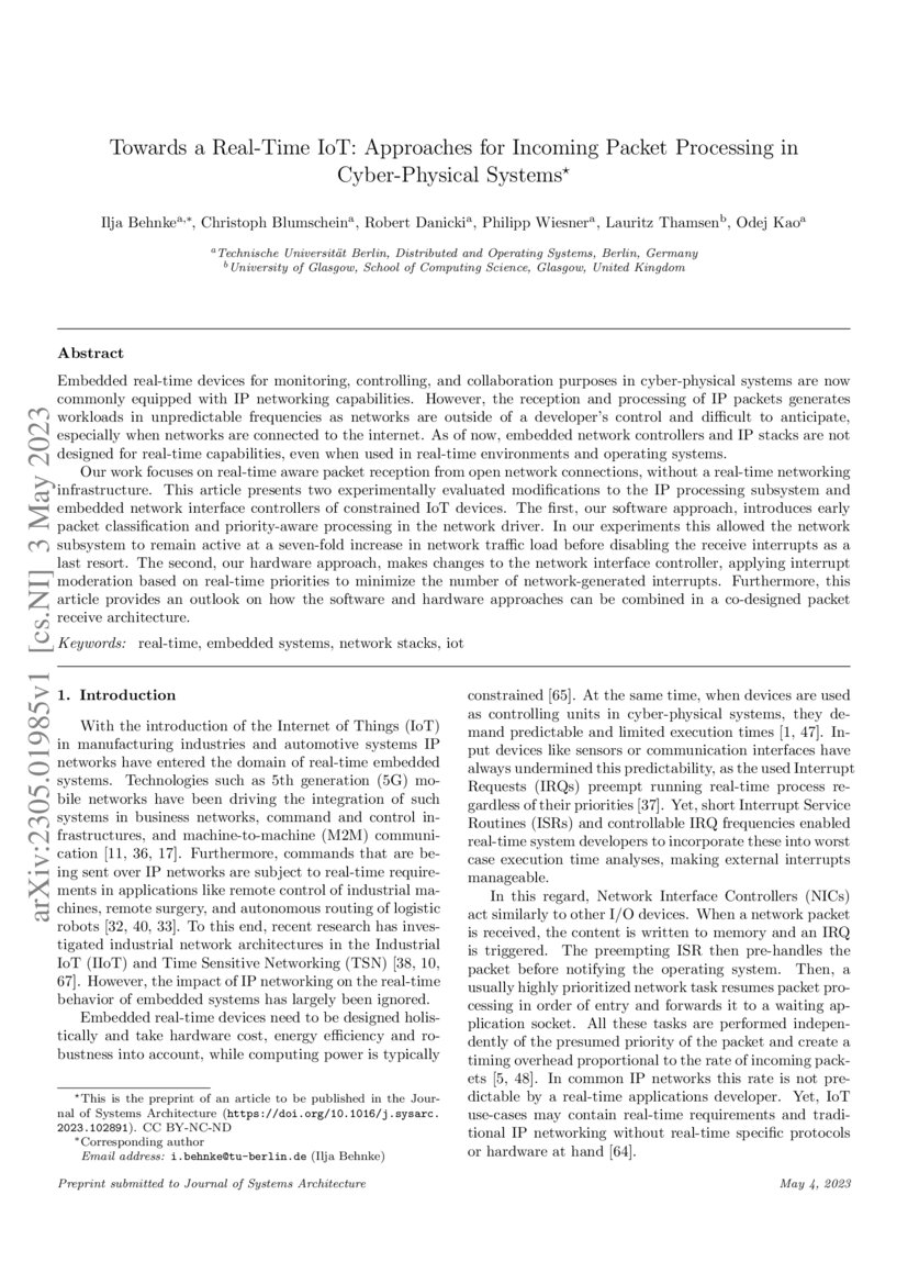 Towards a Real-Time IoT: Approaches for Incoming Packet Processing in Cyber-Physical Systems ...