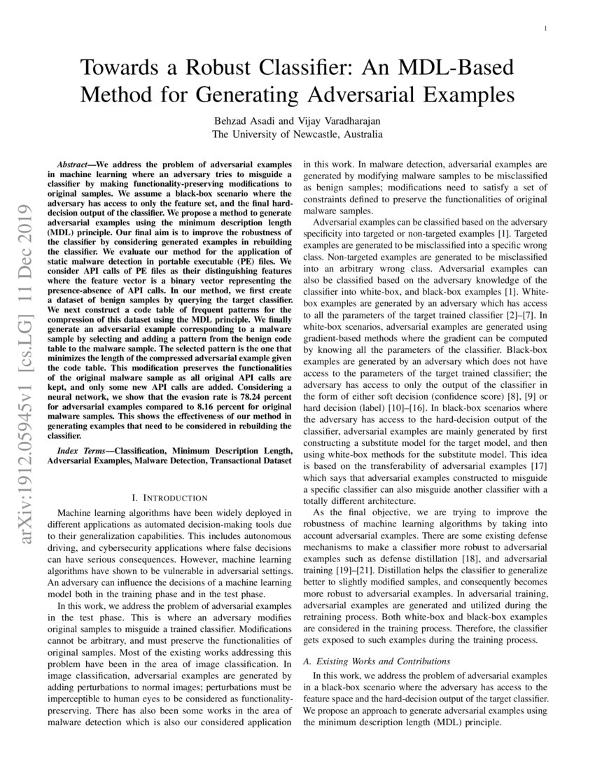 Towards a Robust Classifier: An MDL-Based Method for Generating Adversarial Examples | DeepAI