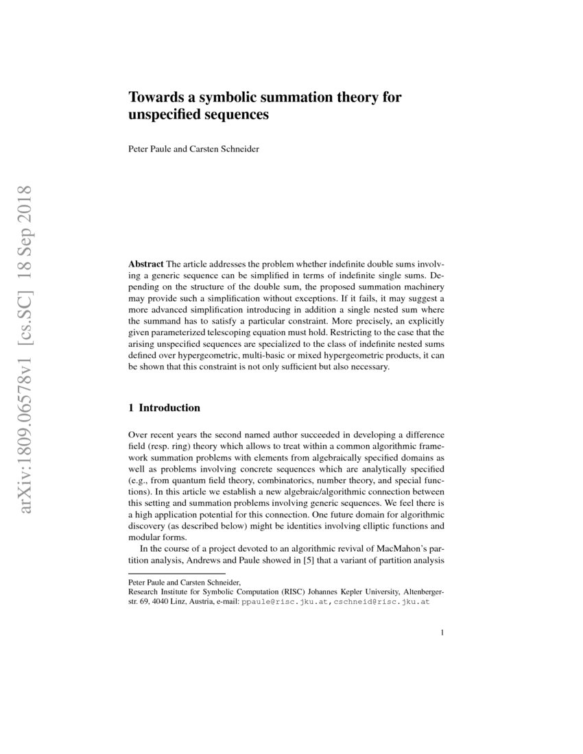 Towards a symbolic summation theory for unspecified sequences | DeepAI