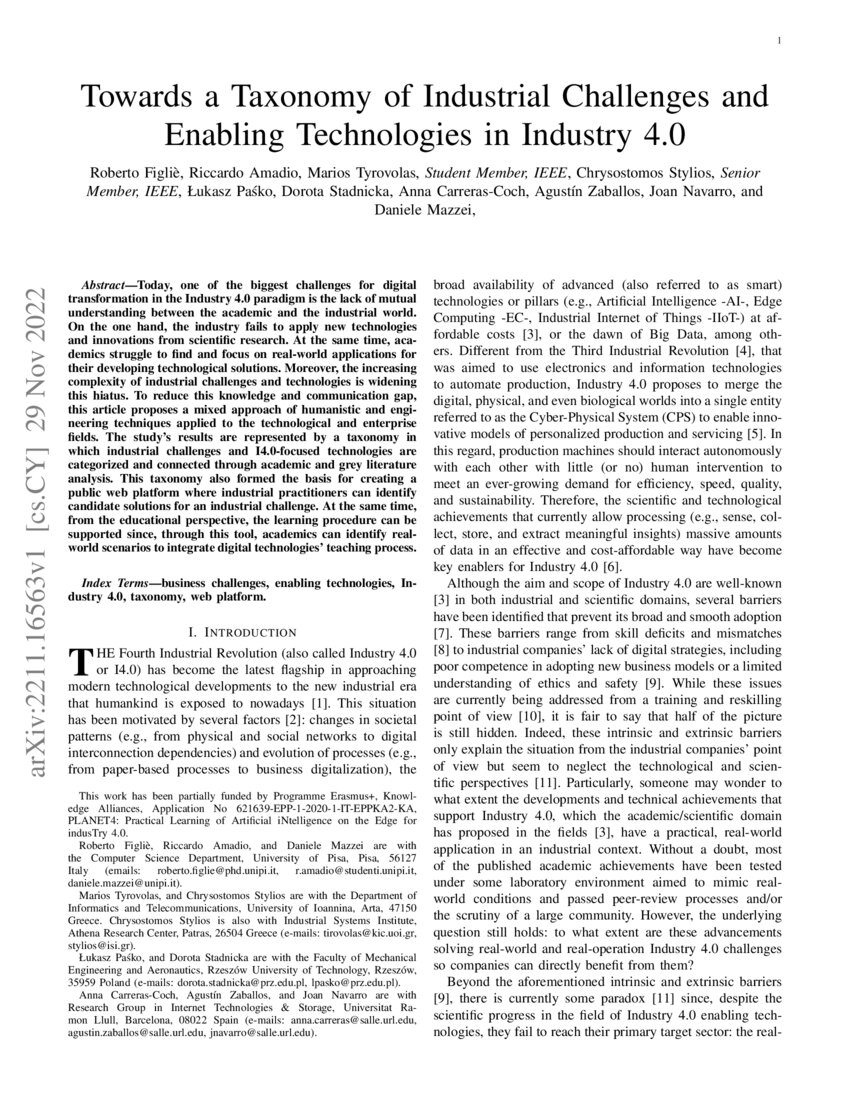 Towards a Taxonomy of Industrial Challenges and Enabling Technologies in Industry 4.0 | DeepAI