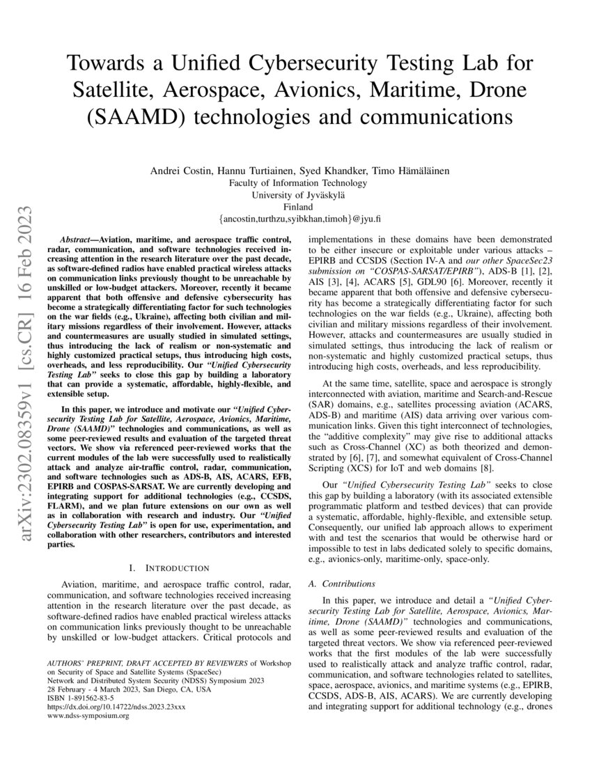 Towards a Unified Cybersecurity Testing Lab for Satellite, Aerospace ...