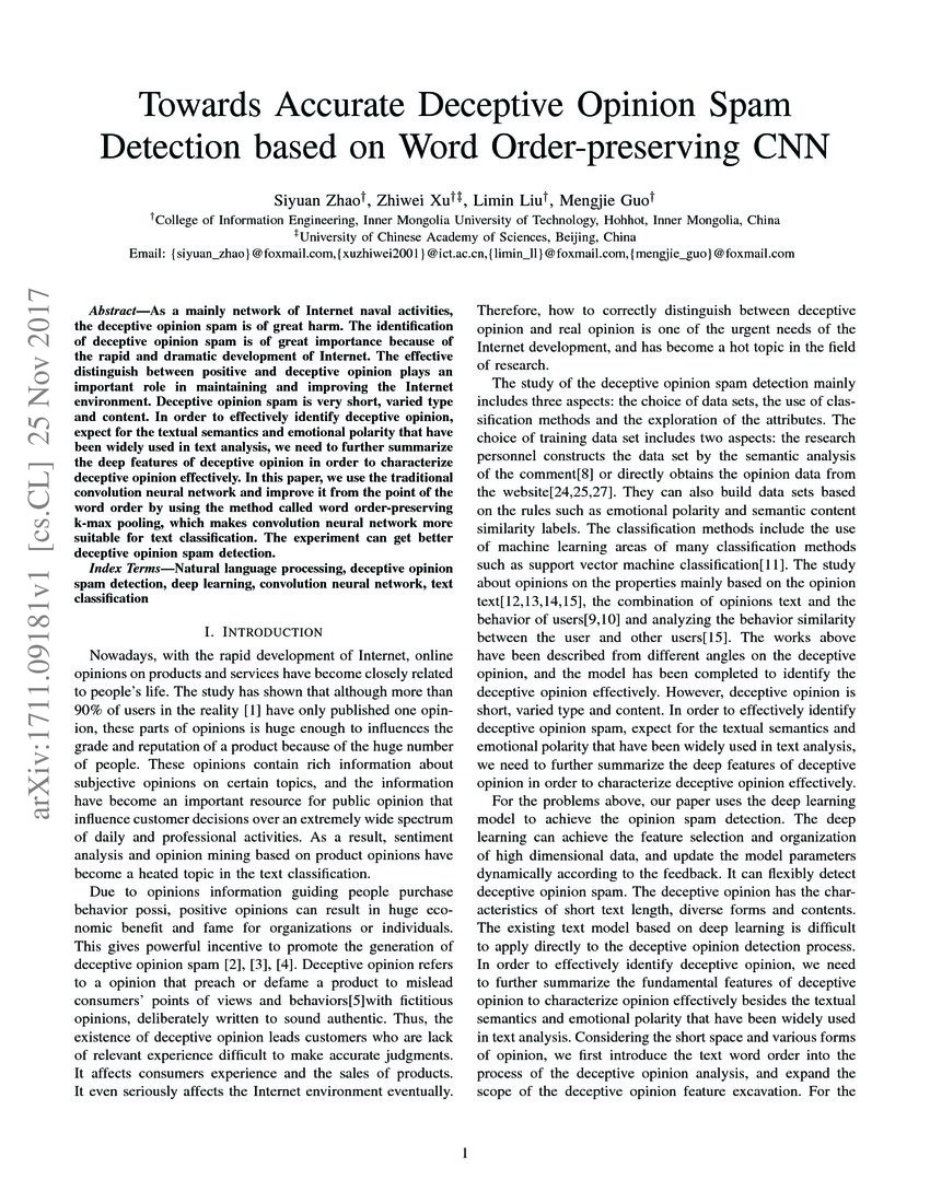 Towards Accurate Deceptive Opinion Spam Detection Based On Word Order Preserving Cnn Deepai