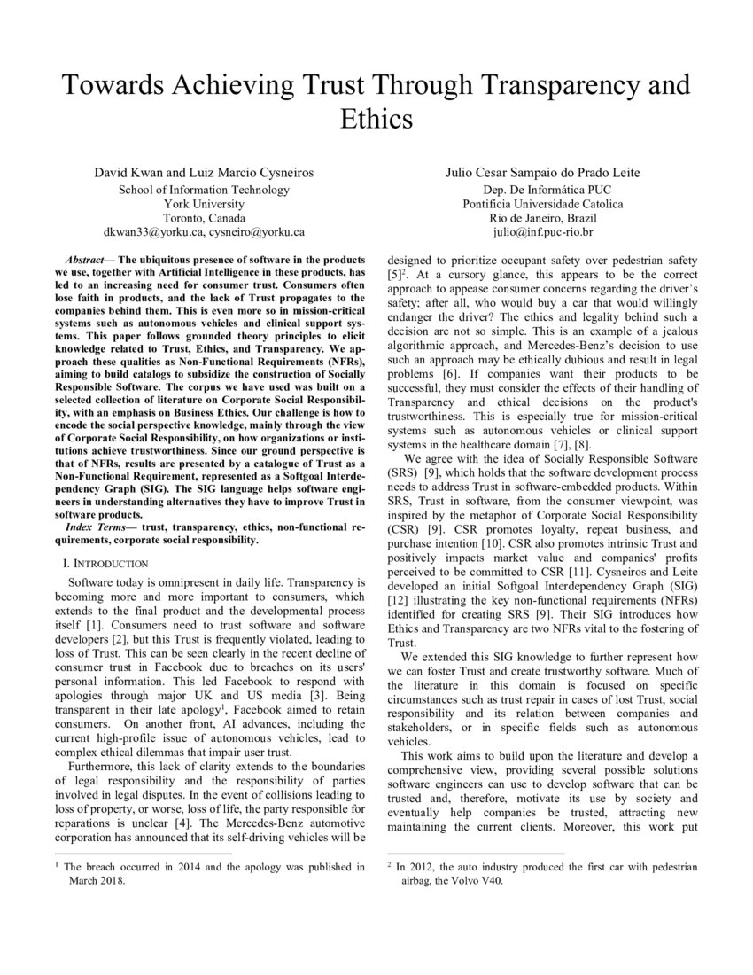 Towards Achieving Trust Through Transparency and Ethics (Pre-Print ...