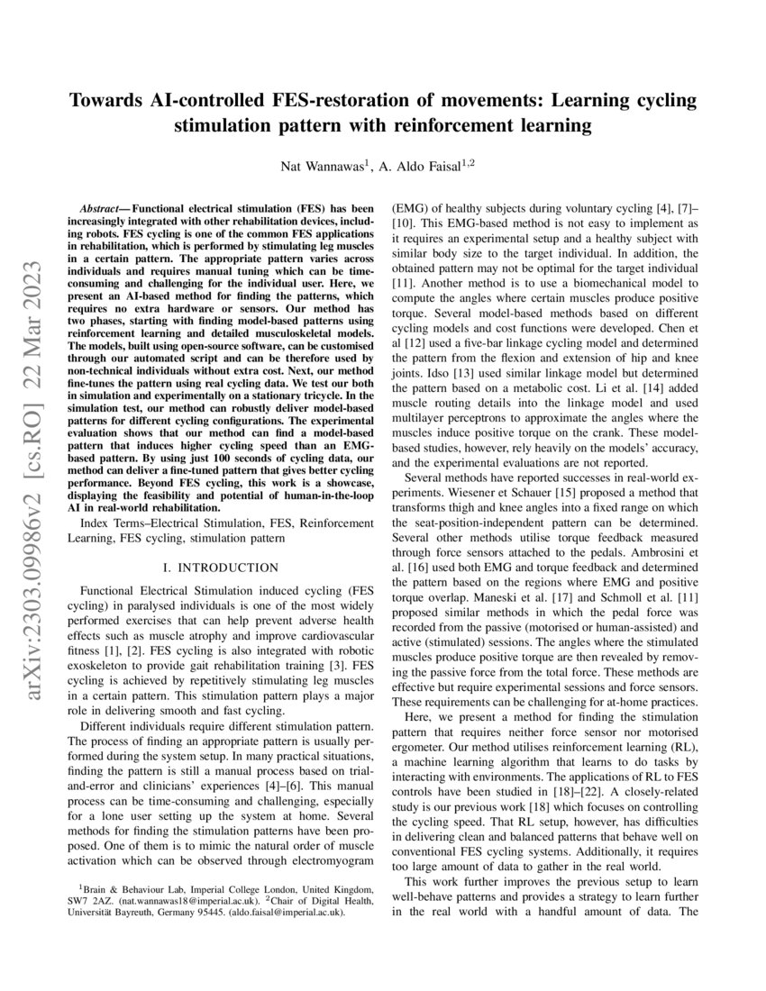 Towards AI-controlled FES-restoration of movements: Learning cycling ...