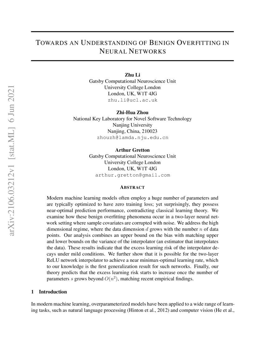 Towards an Understanding of Benign Overfitting in Neural Networks | DeepAI