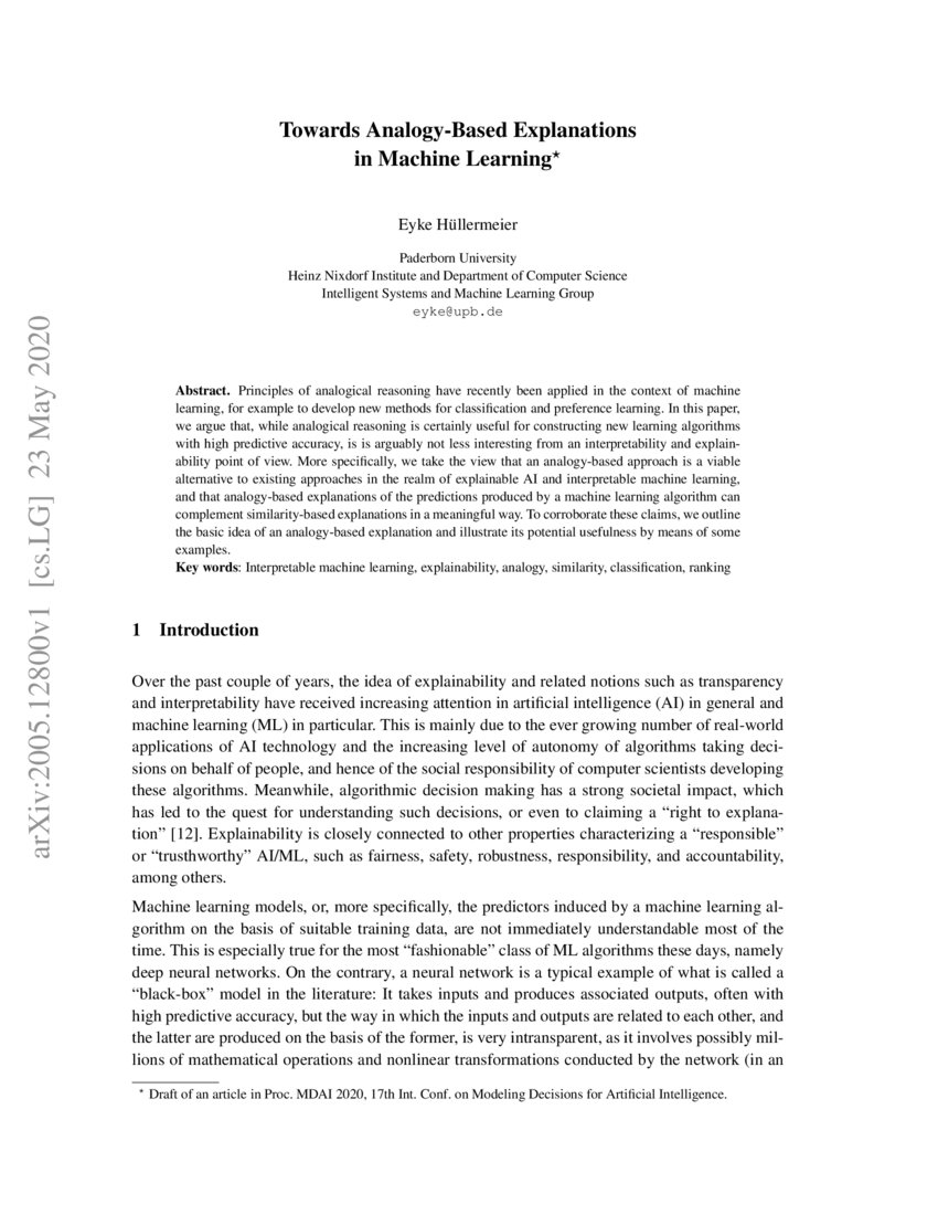 Towards Analogy-Based Explanations in Machine Learning | DeepAI