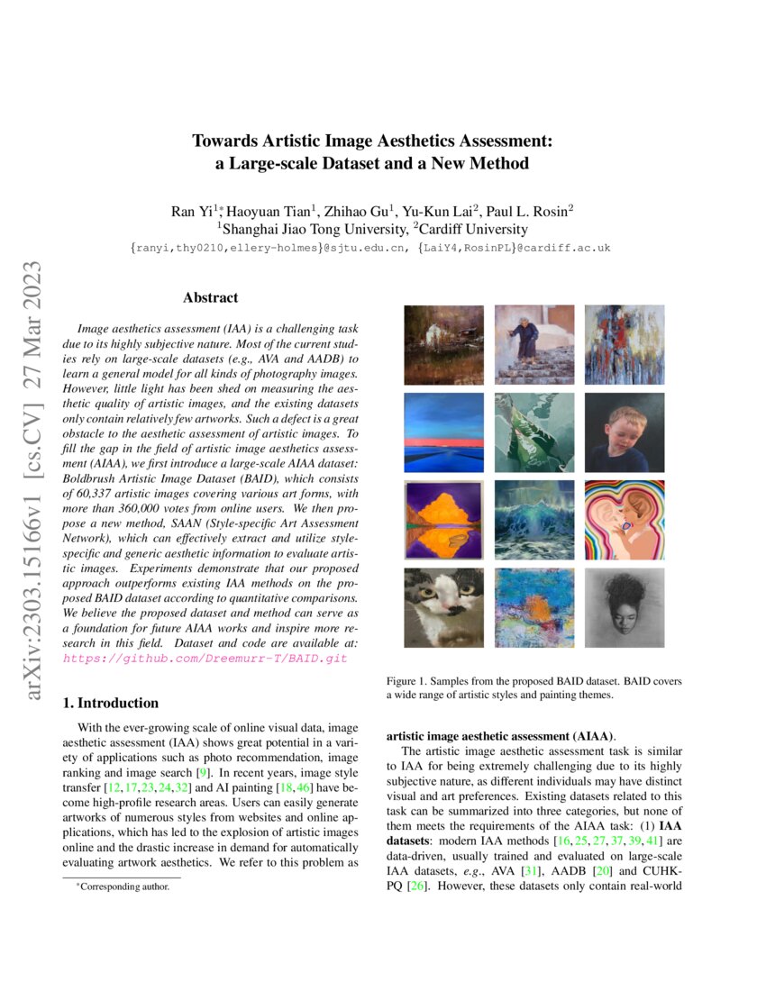 Towards Artistic Image Aesthetics Assessment: a Large-scale Dataset and ...