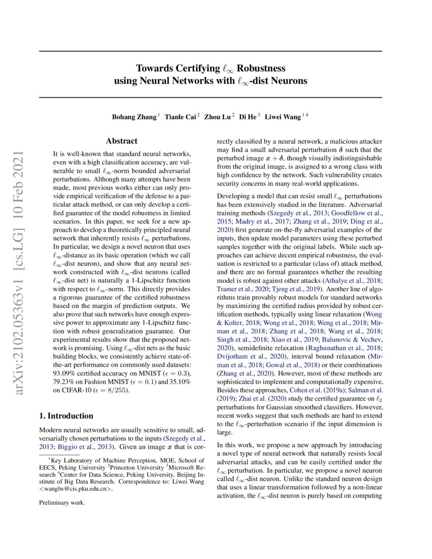 Towards Certifying ℓ_∞ Robustness using Neural Networks with ℓ_∞-dist Neurons | DeepAI