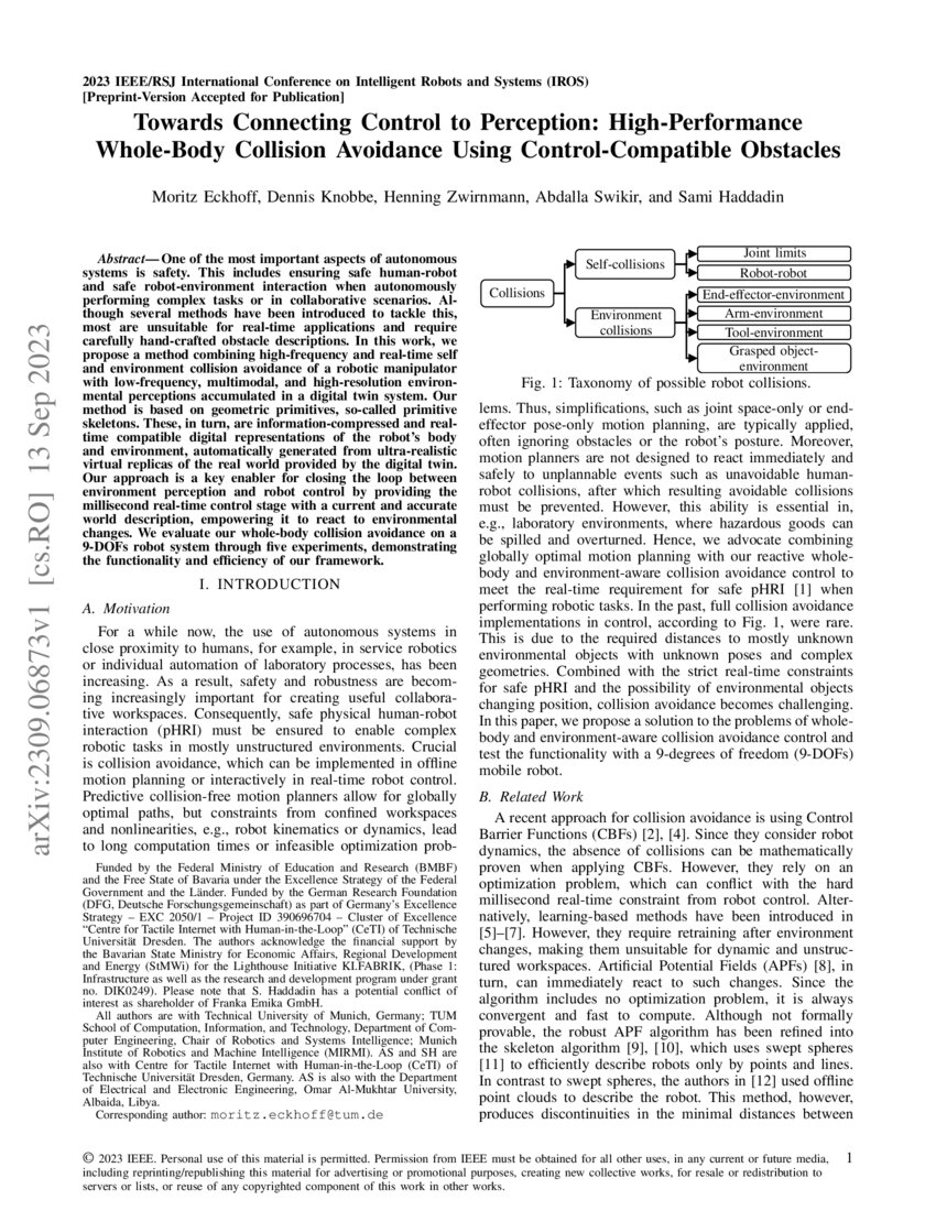 Towards Connecting Control To Perception High Performance Whole Body Collision Avoidance Using