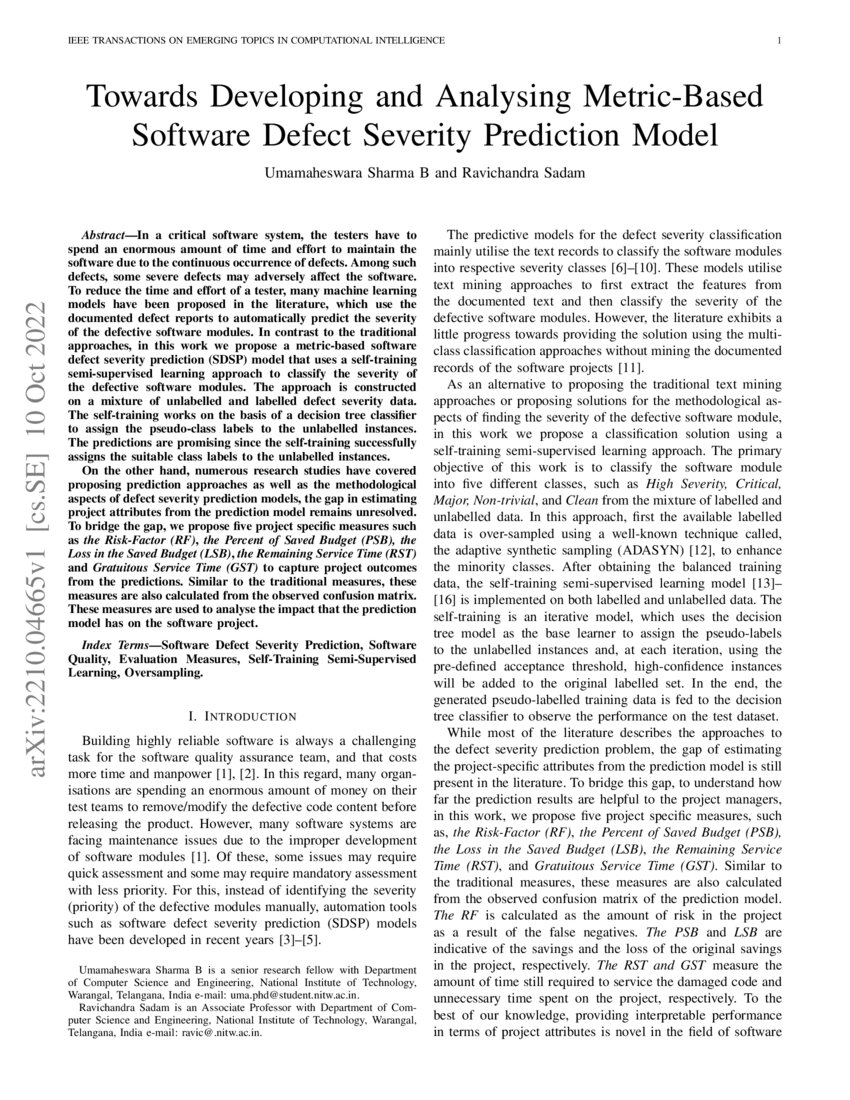 Towards Developing And Analysing Metric Based Software Defect Severity Prediction Model Deepai