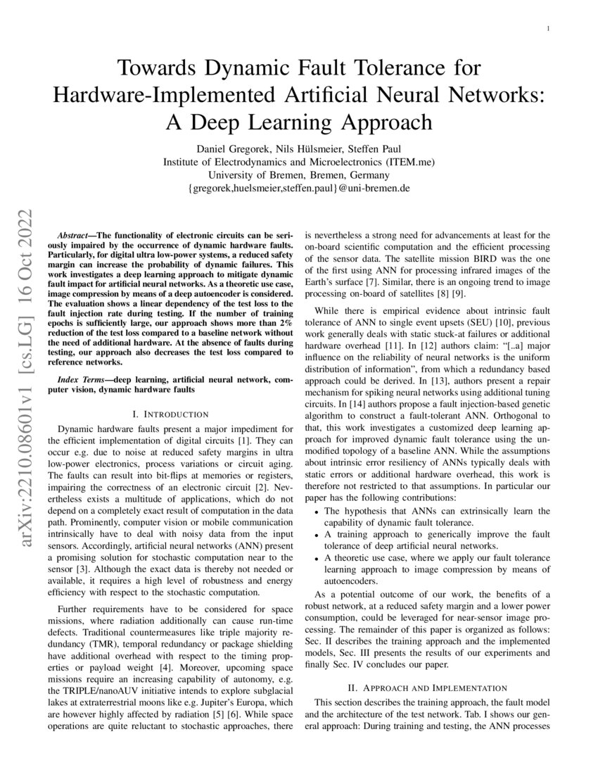Towards Dynamic Fault Tolerance For Hardware Implemented Artificial Neural Networks A Deep 1026
