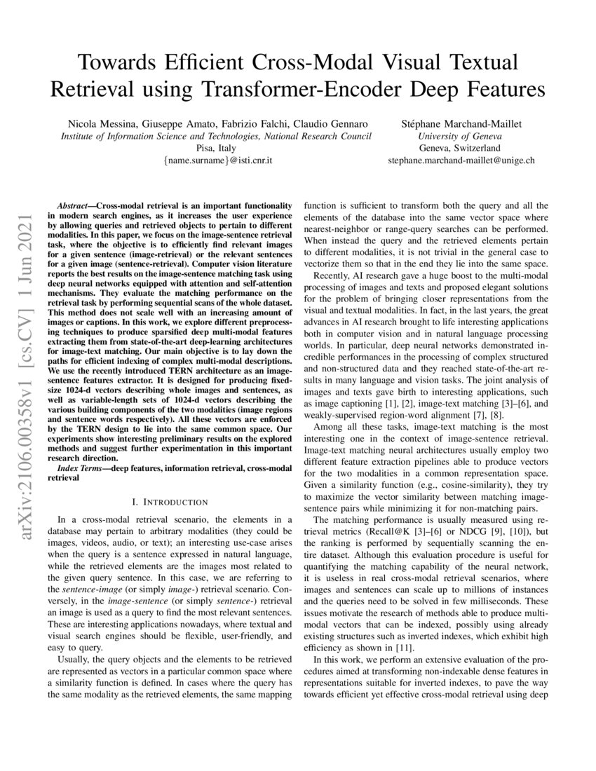 Towards Efficient Cross Modal Visual Textual Retrieval Using Transformer Encoder Deep Features